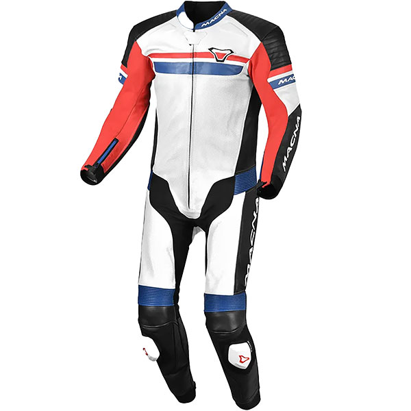Macna Diabro One Piece Leather Suit - White / Red / Blue - FREE UK DELIVERY